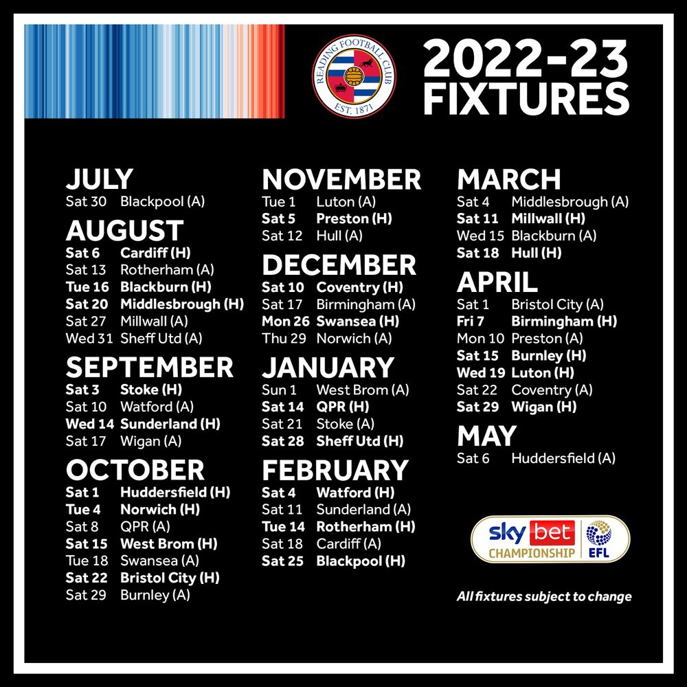 Reading FC Key Fixture Dates First last and everything in between